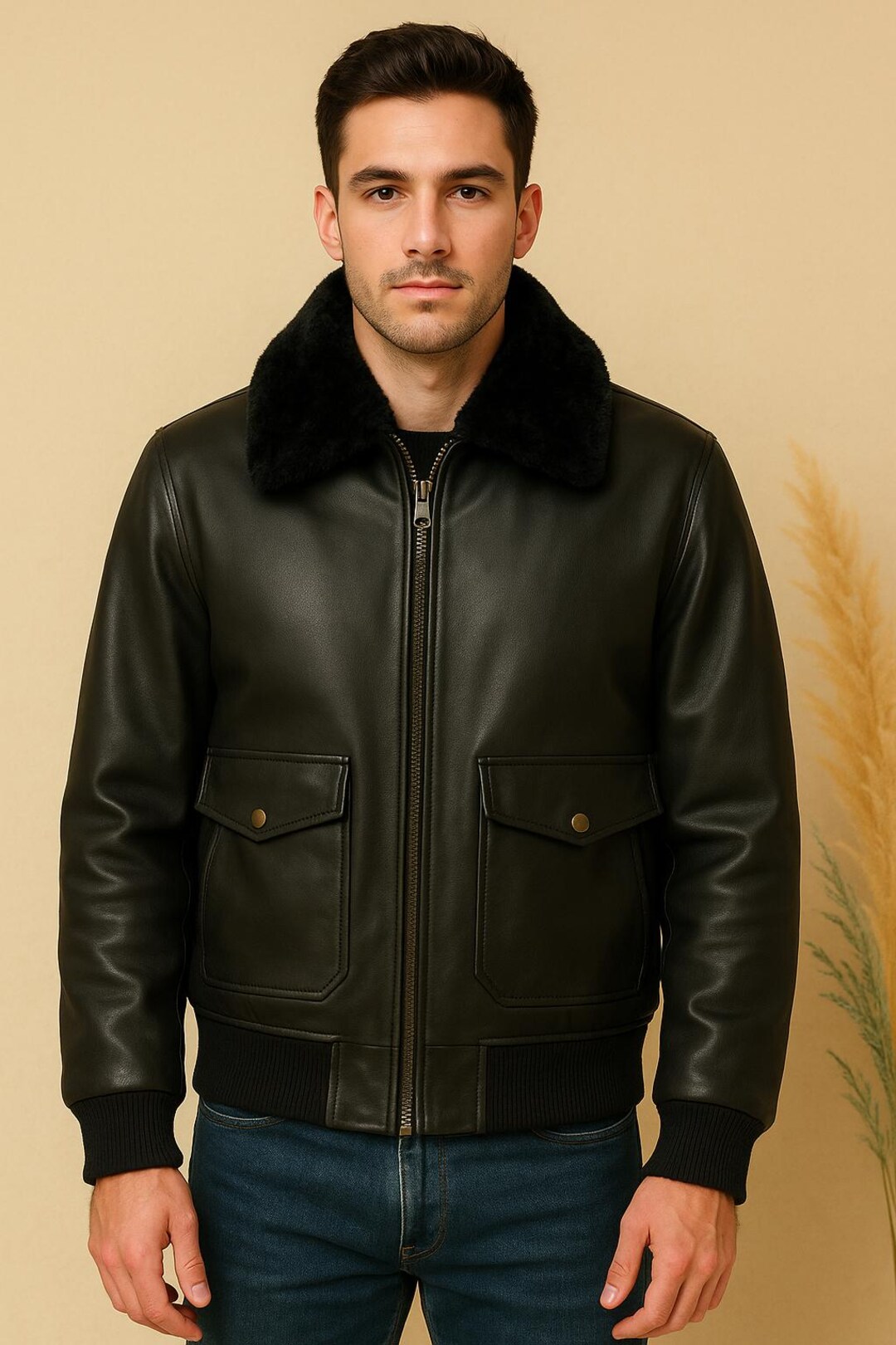 Men's Moroccan Leather Bomber Jacket, Fur Collar Aviator Coat, Vintage ...