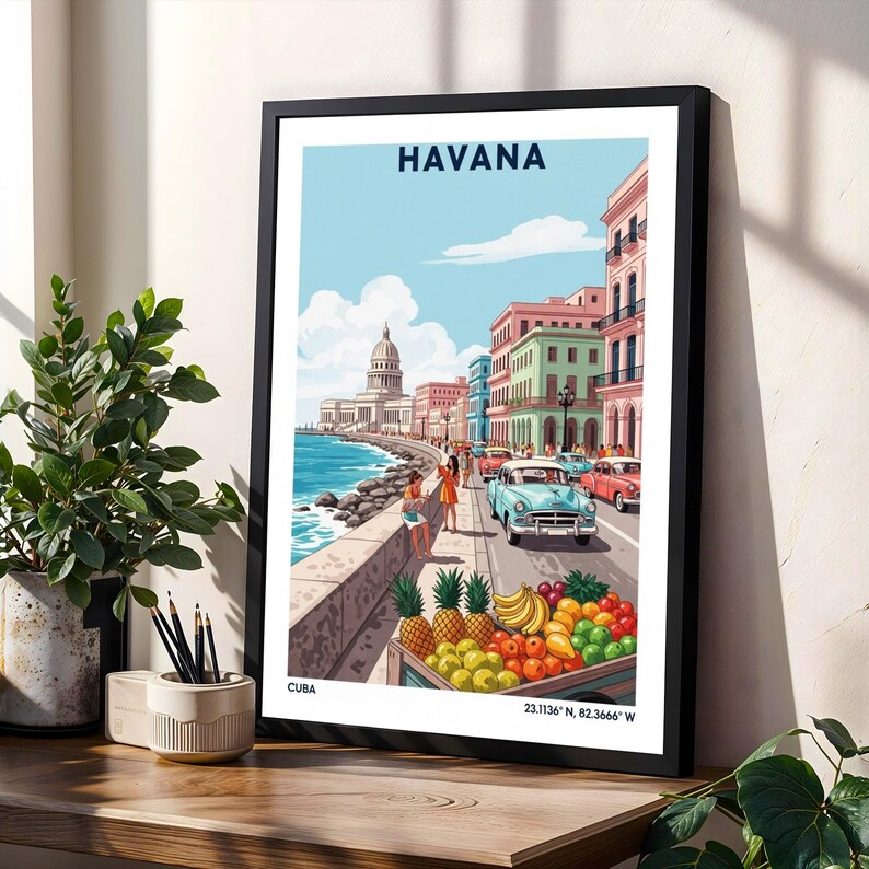 Havana Vintage Cars Poster: Colorful Cuban Street Art, Retro Travel ...