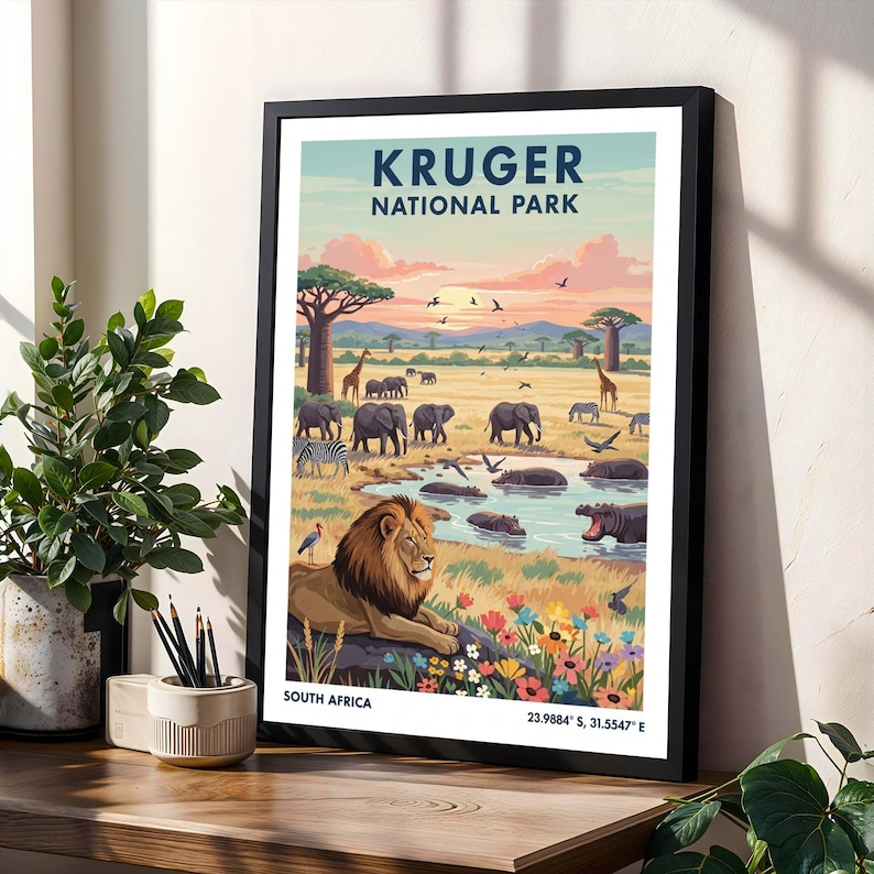 Kruger National Park Poster: Vintage Gouache African Wildlife Art - Etsy