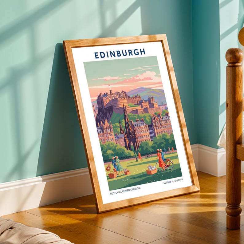 Edinburgh Castle Vintage Travel Poster: Scottish Gouache Landscape Art ...