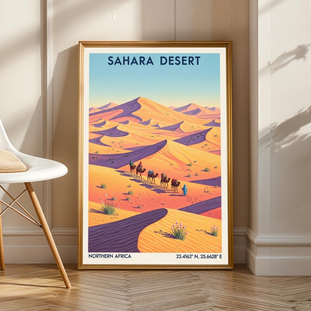 Sahara Desert Caravan Poster – Vintage Gouache Painting | Orange and ...