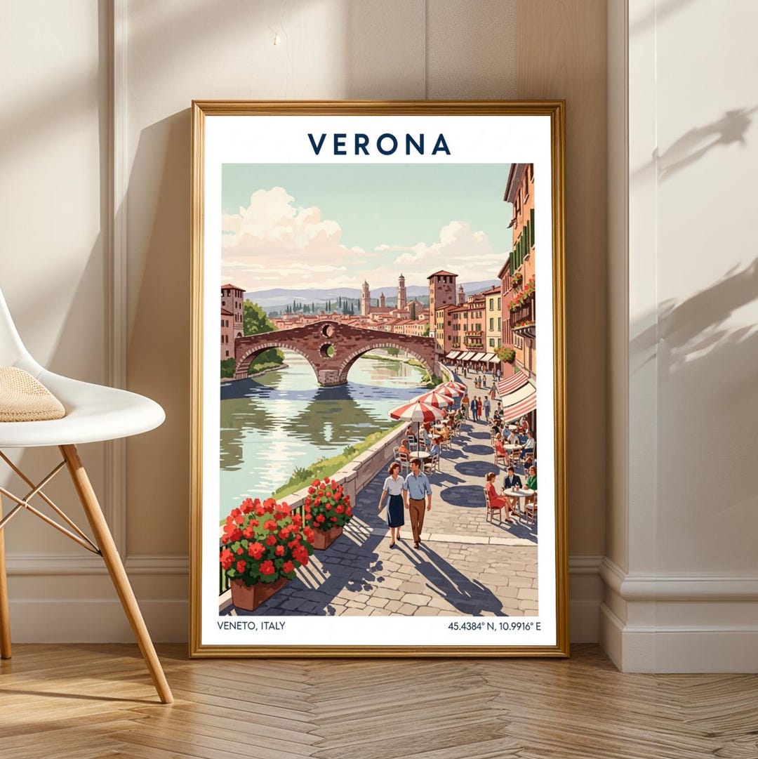 Verona Riverside Promenade Poster – Blue, Red, Green, Beige Art | Vintage Italian Travel ...