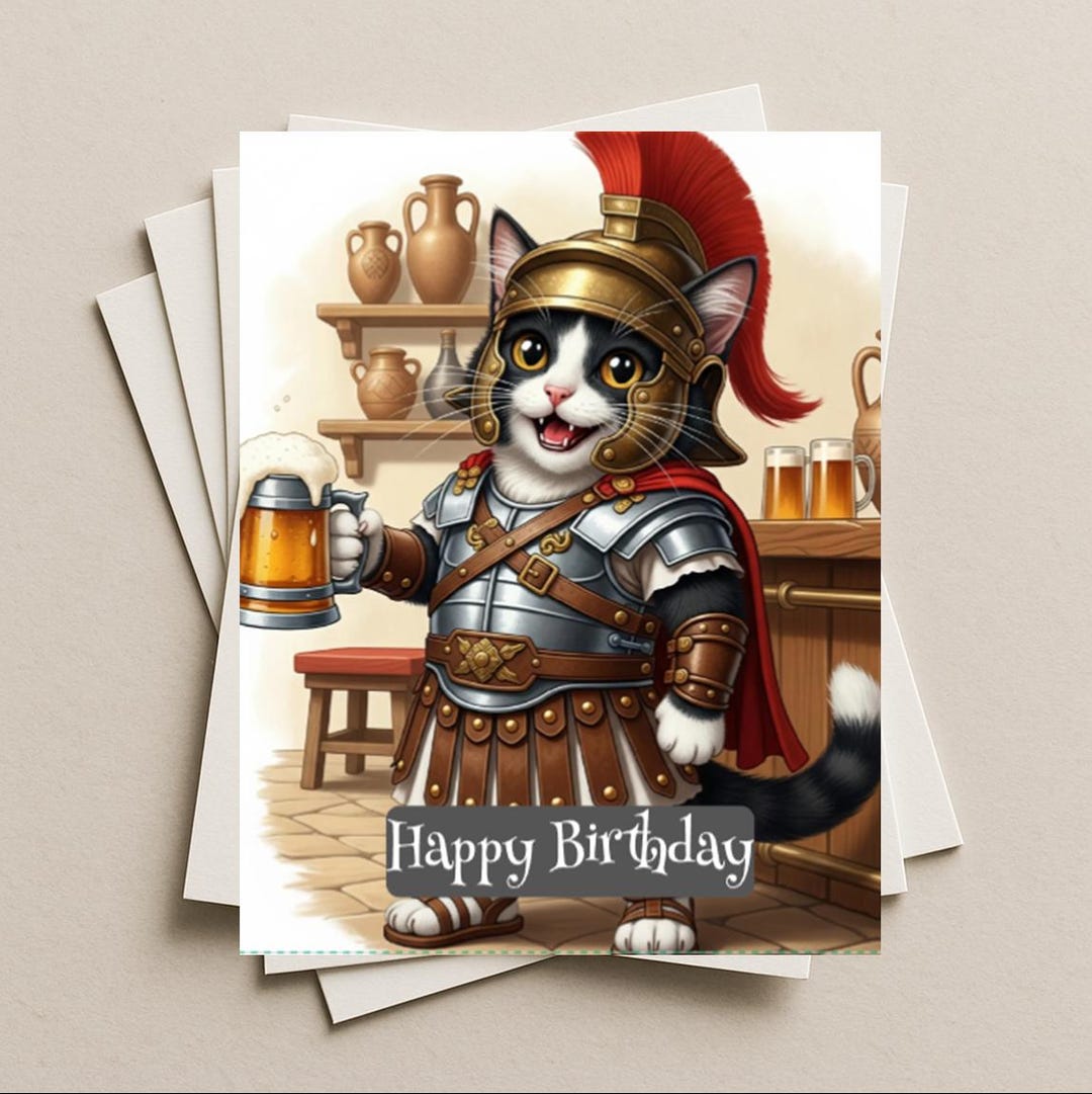 Birthday Card Gladiator in Ancient Rome Tuxedo Black and White Cat ...