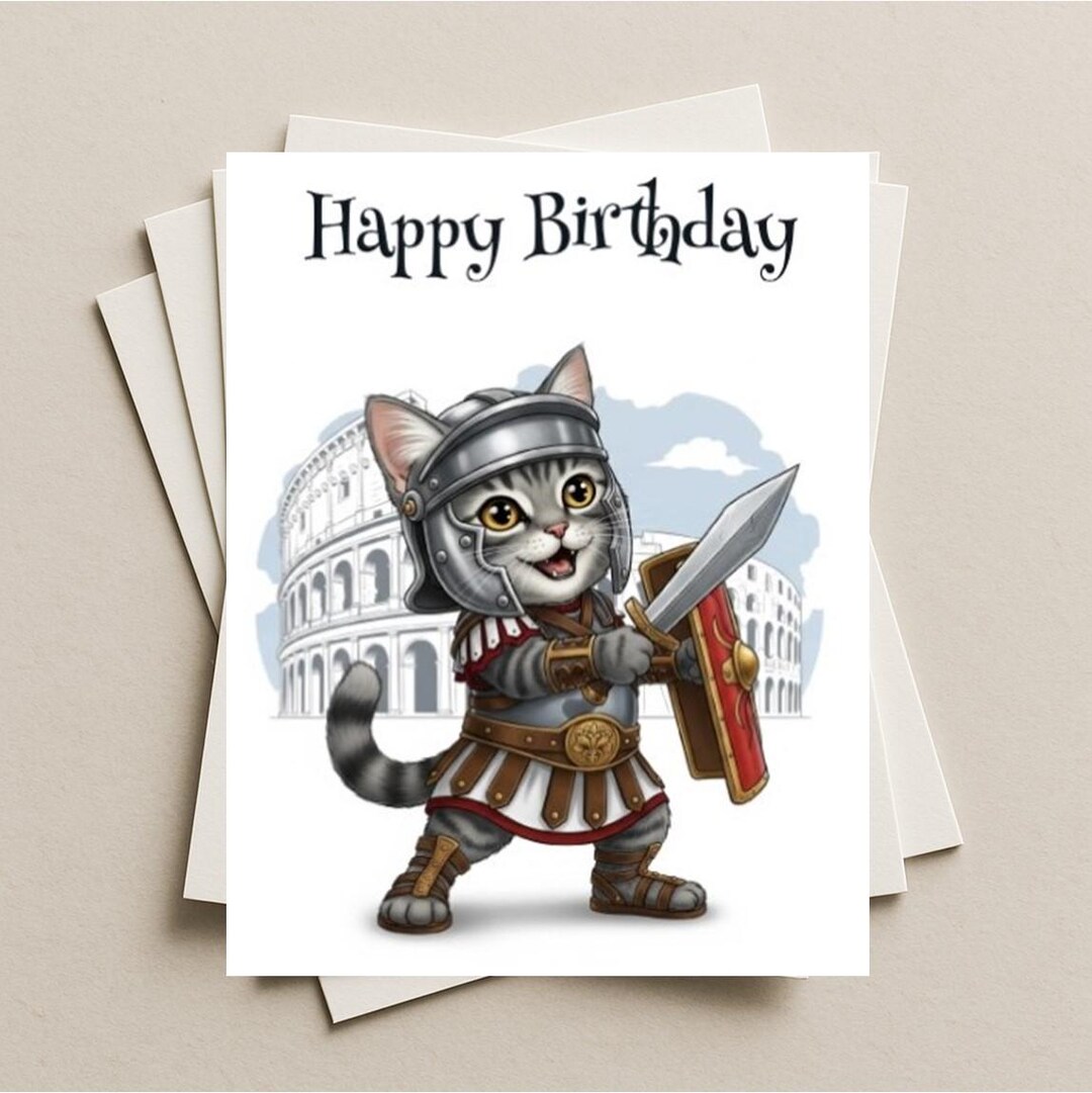 Birthday Card Gladiator in Ancient Rome Gray Cat Blank Greeting Card ...