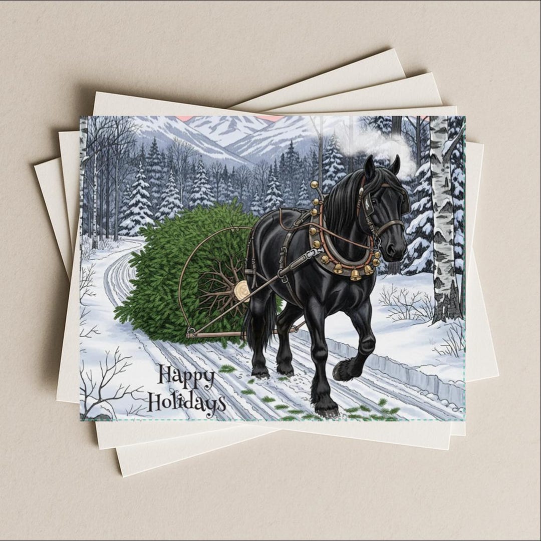 Christmas Card Black Percheron Draft Horse Blank Greeting Card, Note or ...