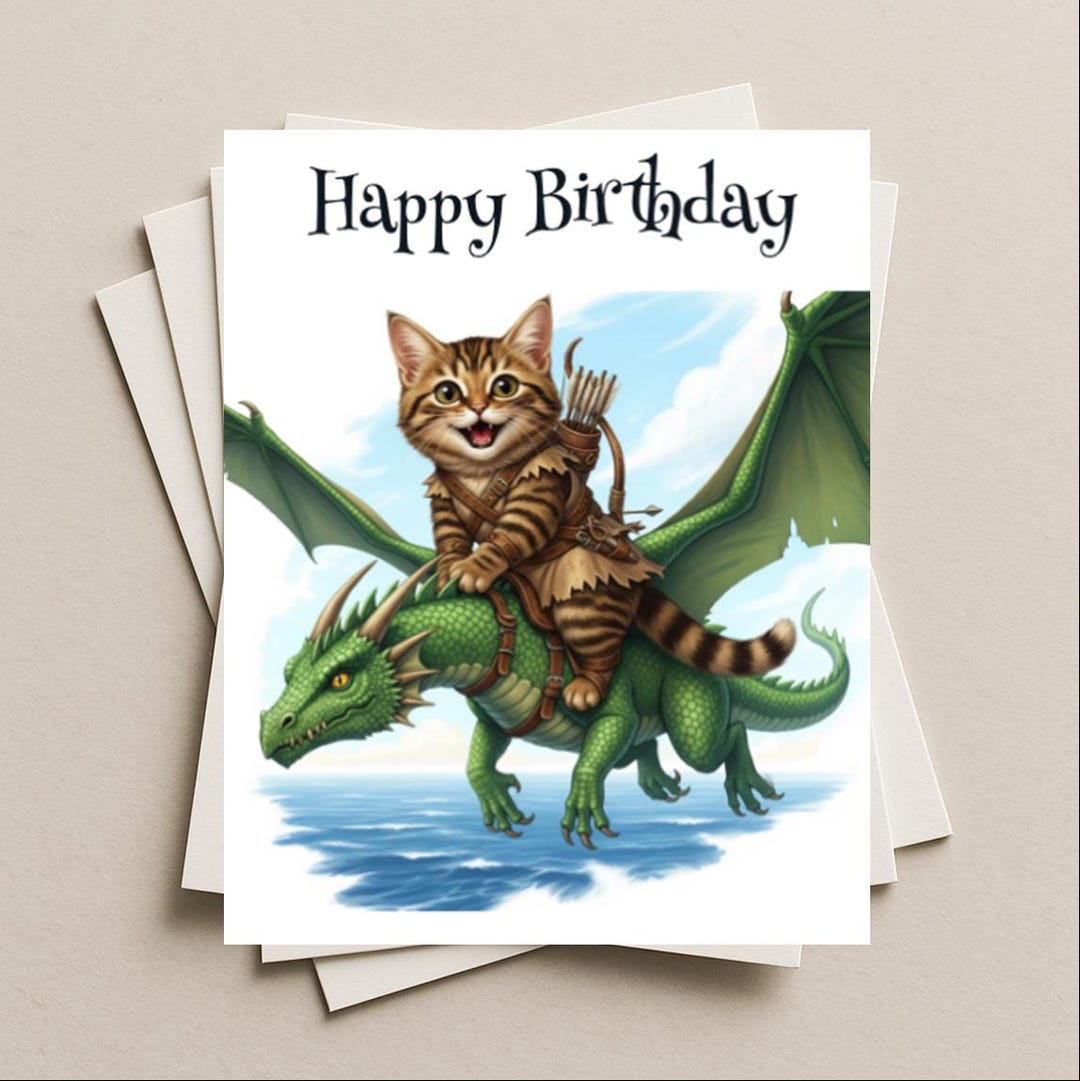Birthday Card Dragon Brown Tabby Cat Blank Greeting Card, Note or Gift ...