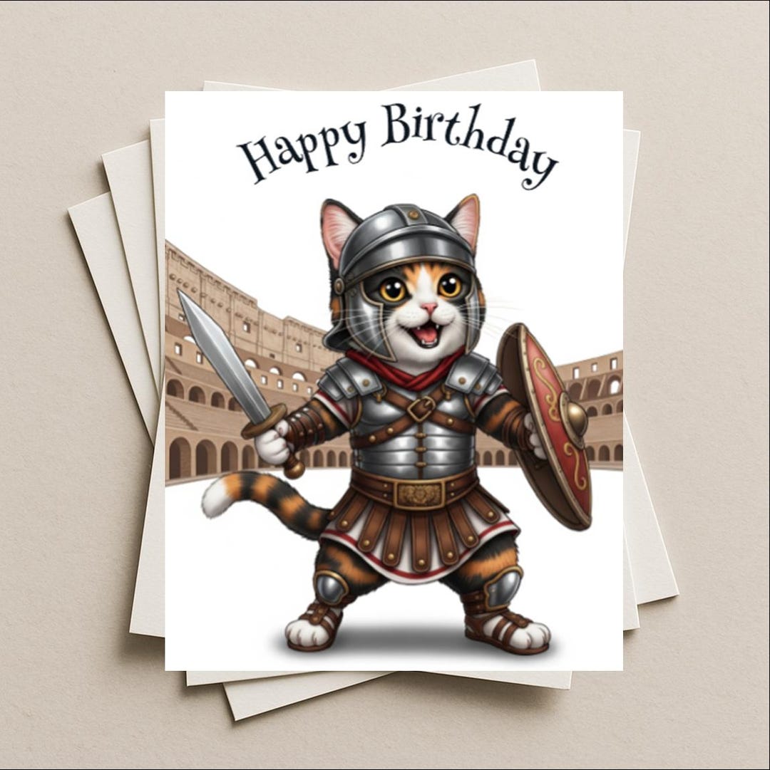 Birthday Card Gladiator in Ancient Rome Calico Cat Blank Greeting Card ...