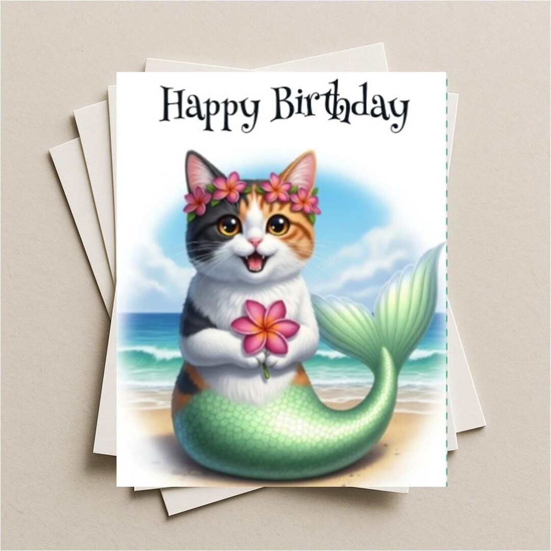 Birthday Mermaid Calico Cat Blank Greeting Card, Note or Gift Card, Cat With Plumeria Flower ...