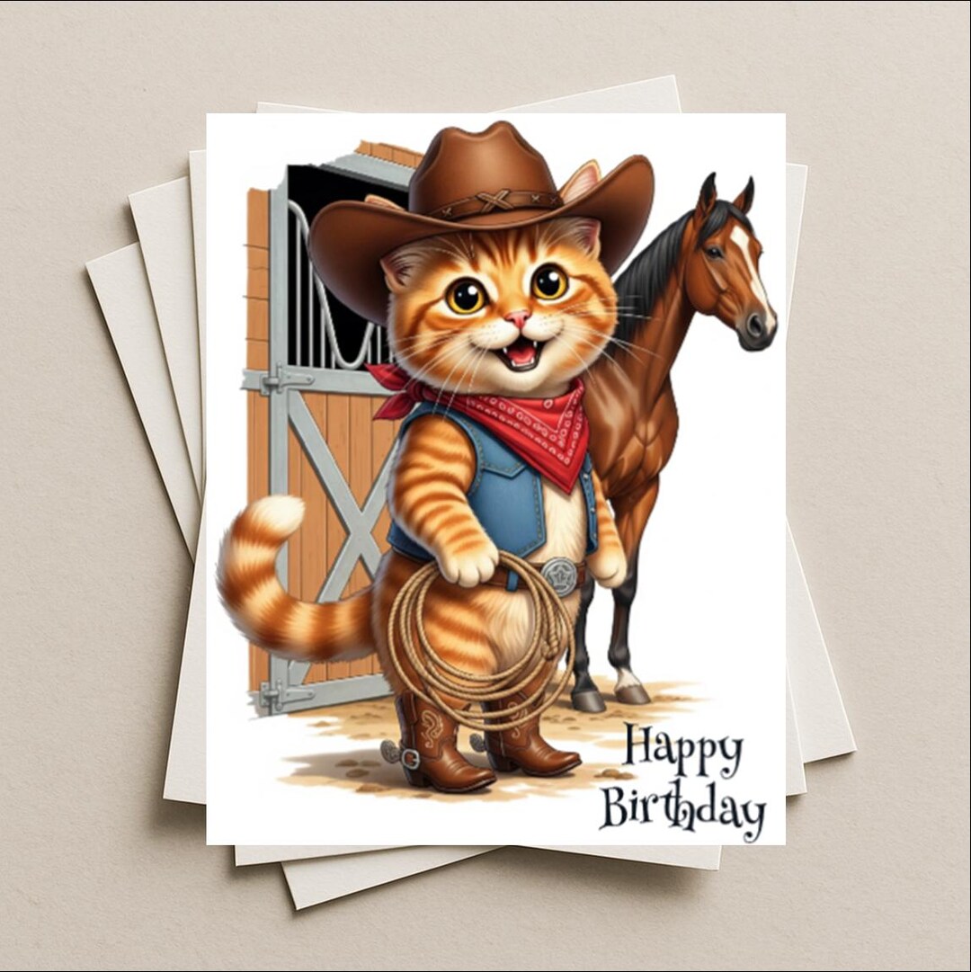 Birthday Card Cowboy Orange Cat Blank Greeting Card, Note or Gift Card ...