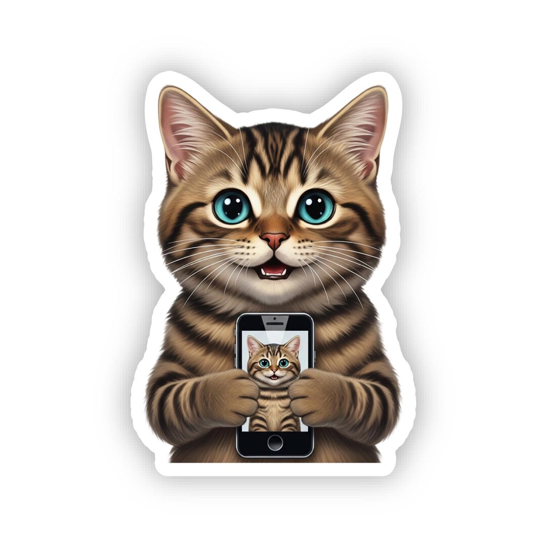 Cell Phone Influencer Selfie Brown Tabby Cat Vinyl Sticker for Water ...