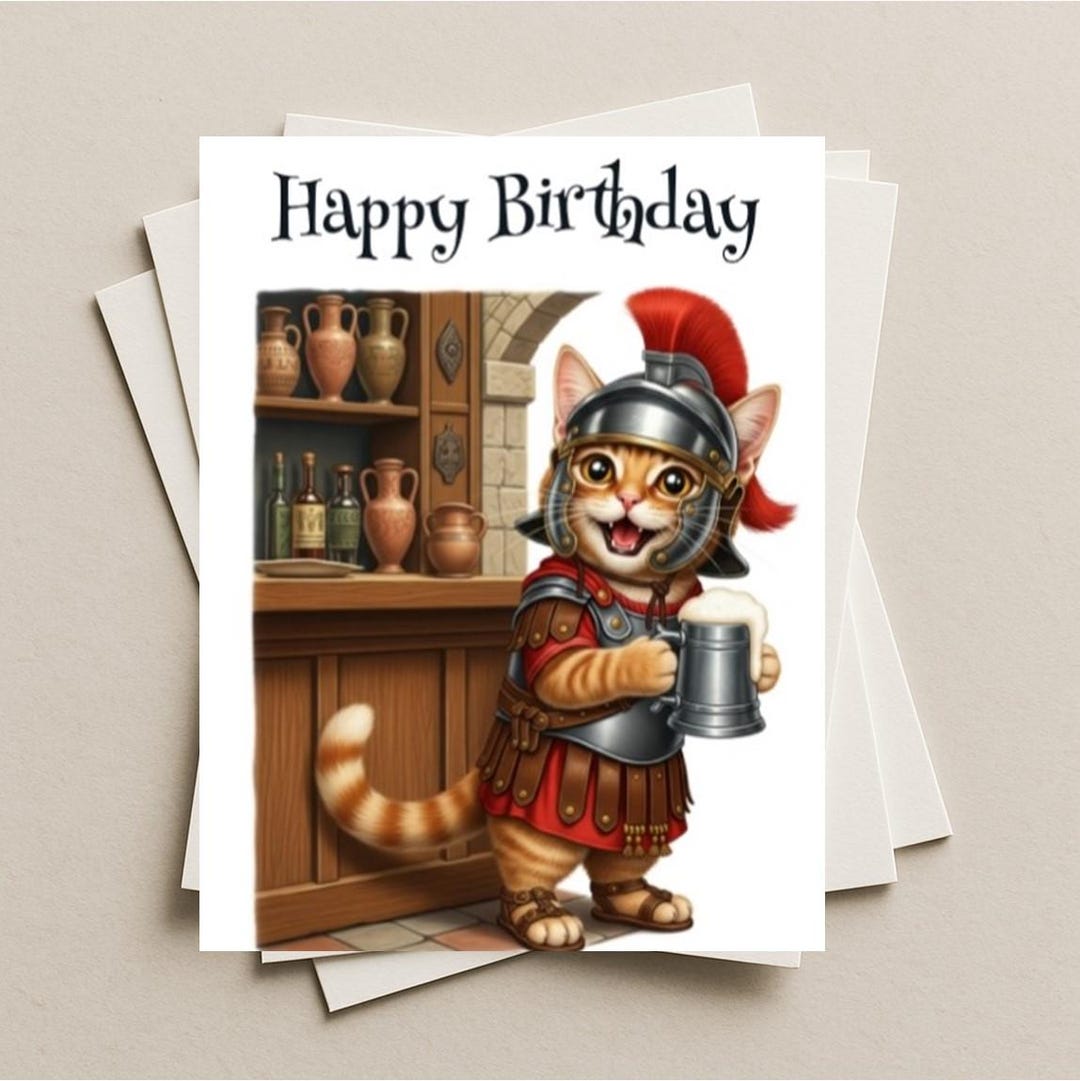 Birthday Card Gladiator in Ancient Rome Orange Cat Blank Greeting Card ...