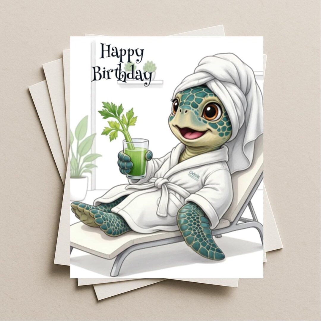 Birthday Card Spa Day Turtle Blank Greeting Card, Note or Gift Card ...