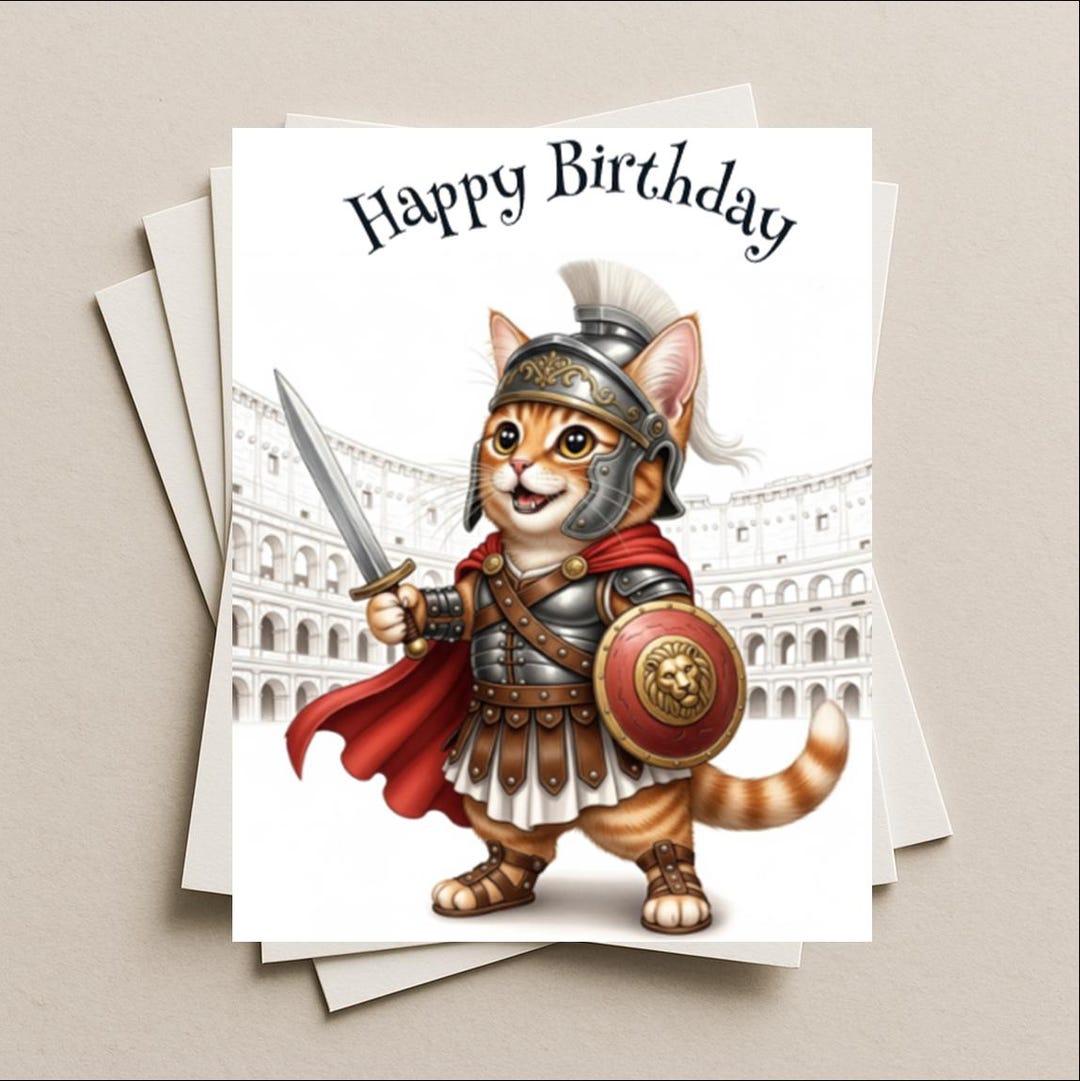 Birthday Card Gladiator in Ancient Rome Orange Cat Blank Greeting Card ...