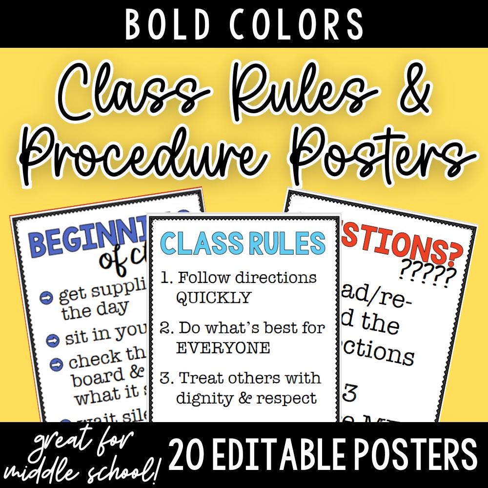Classroom Rules Posters Editable Procedures Signs for Middle High ...