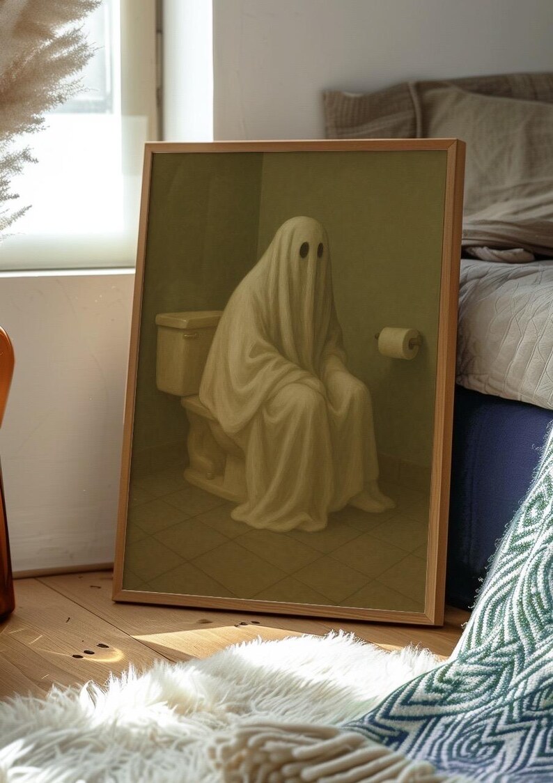 Ghost on Toilet Poster – Funny Spooky Bathroom Wall Art – Minimalist ...