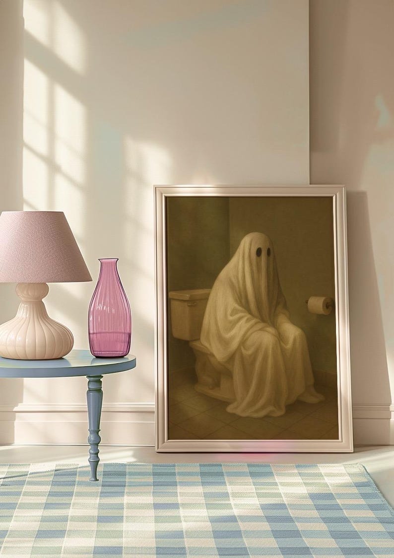 Ghost on Toilet Poster – Funny Spooky Bathroom Wall Art – Minimalist ...