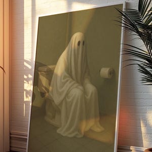 Ghost on Toilet Poster – Funny Spooky Bathroom Wall Art – Minimalist ...