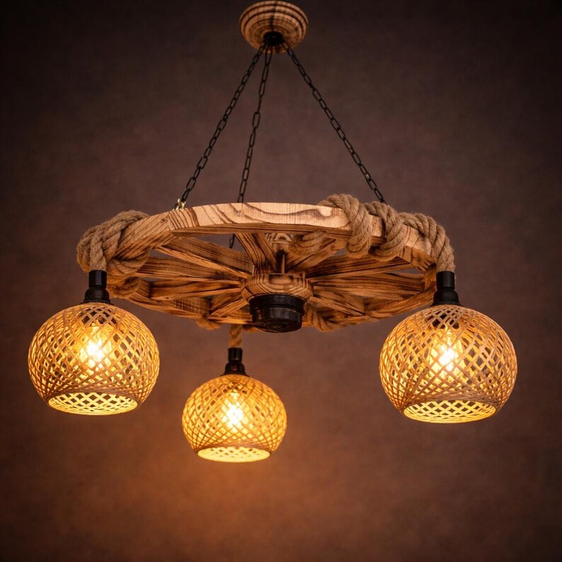 Custom Made Rustic Wooden Chandelier, Handcrafted Rope Wagon Wheel ...