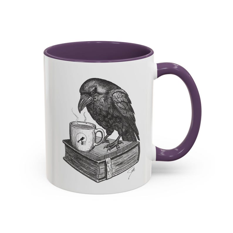 Coffee Mug, Original Raven With Coffee on Book Art Pen and Ink Drawing ...