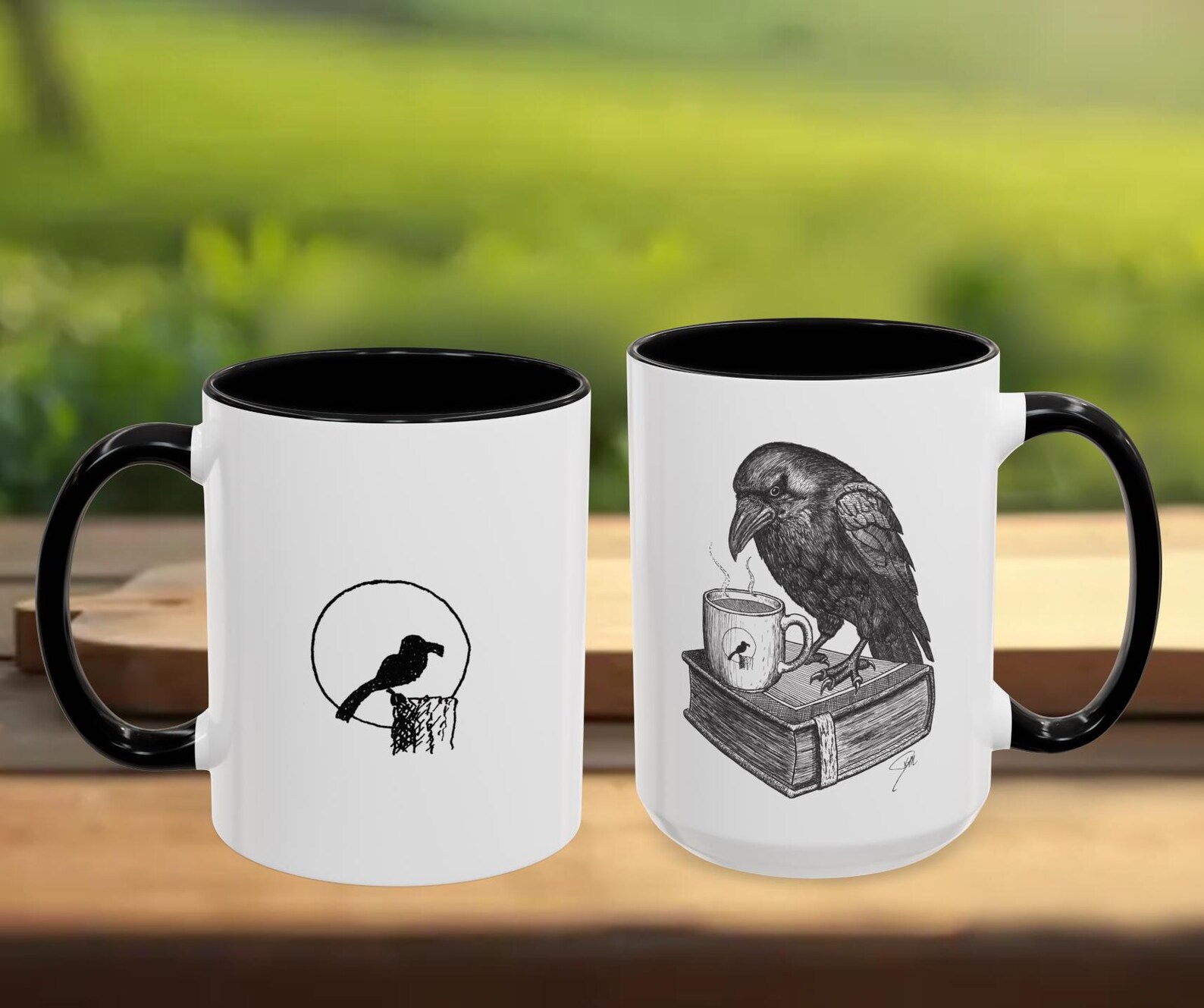 Coffee Mug, Original Raven With Coffee on Book Art Pen and Ink Drawing ...
