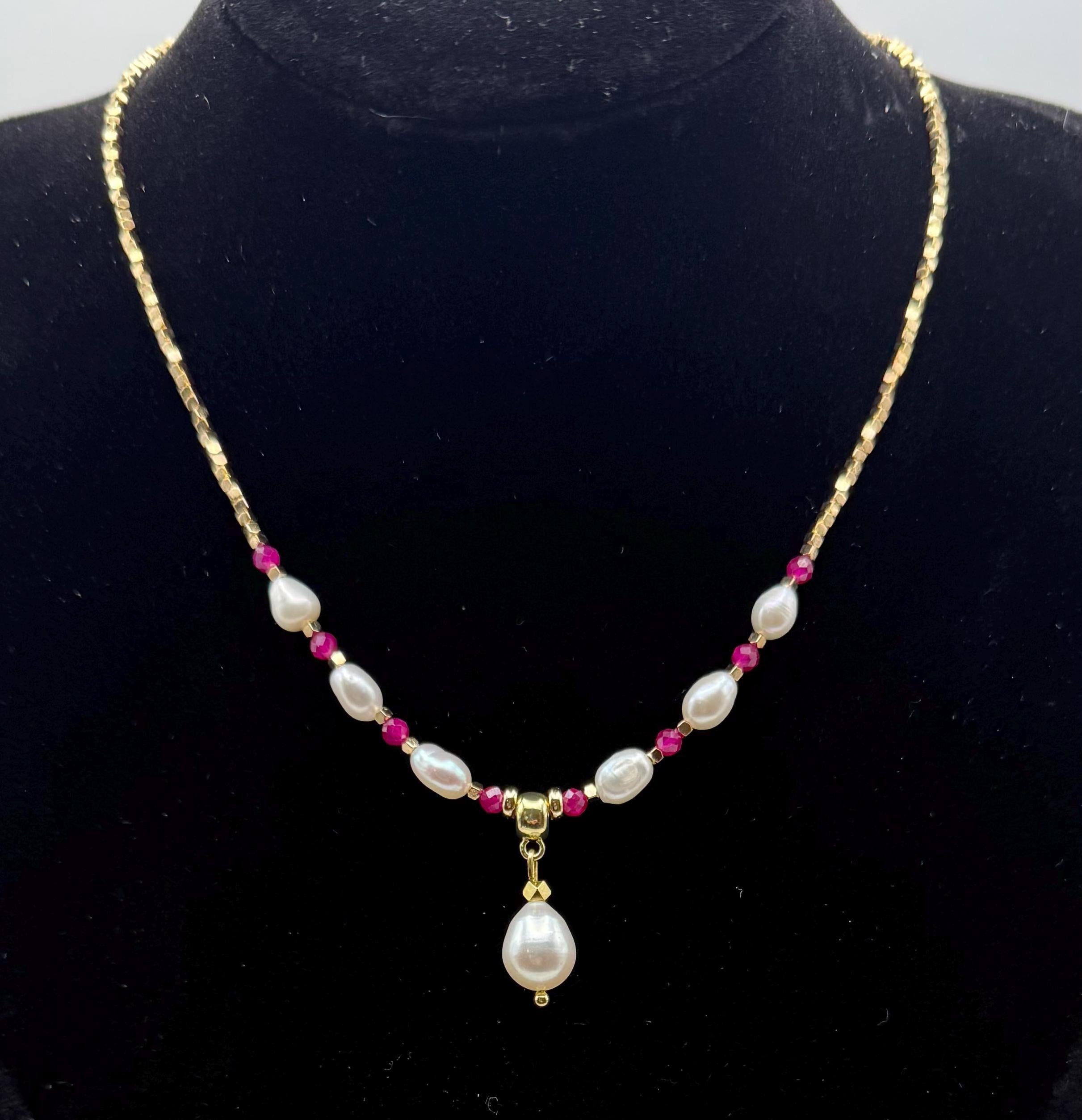 Ruby Pearl Necklace Set • 18k Gold-filled, Adjustable Layering ...