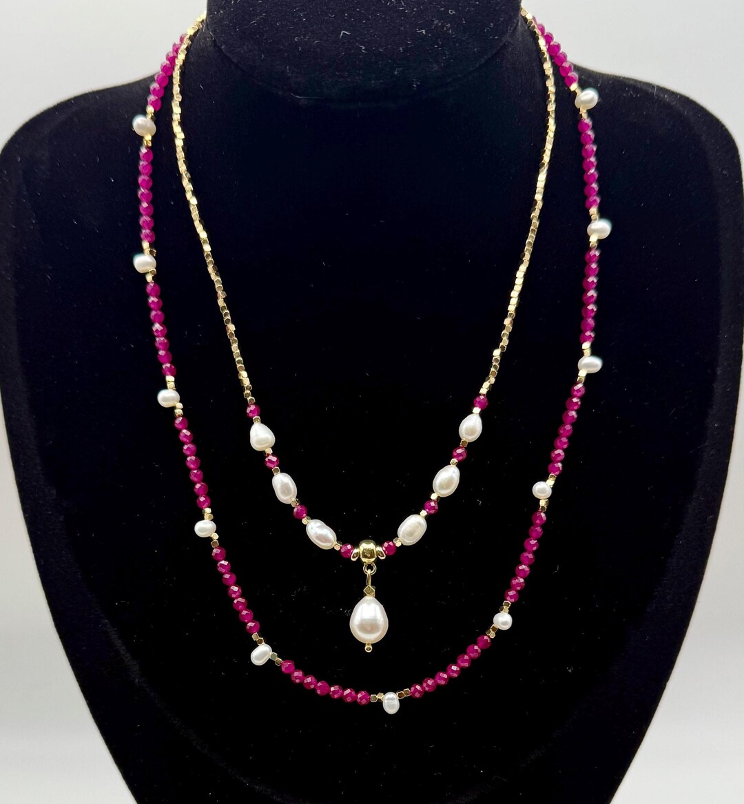 Ruby Pearl Necklace Set • 18k Gold-filled, Adjustable Layering ...