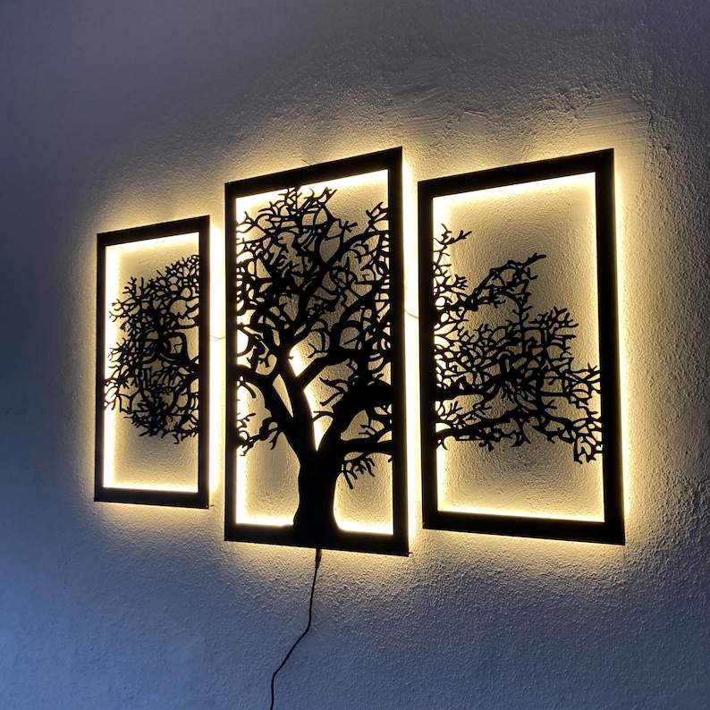 LED Tree Wall Decor Set: Modern Aluminum Lighted Wall Art - Etsy