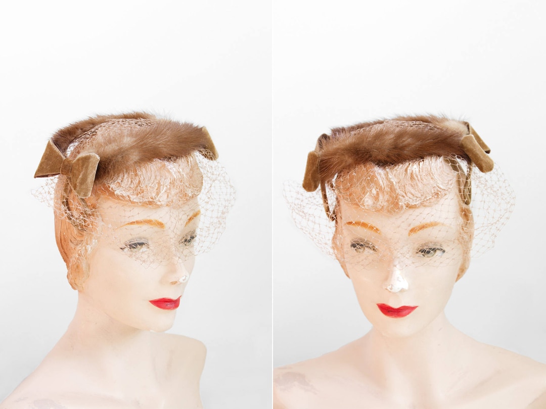 1950s Hat - 50s Hat - Brown Mink Fur and Velvet Veiled Hat / Headband ...