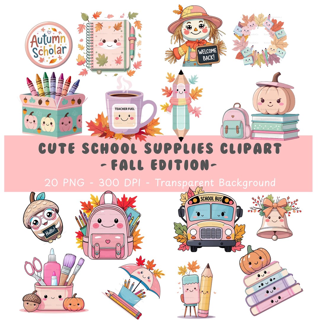 Cute Stationery Clipart, Kawaii Pastel School Supplies, Back to School ...