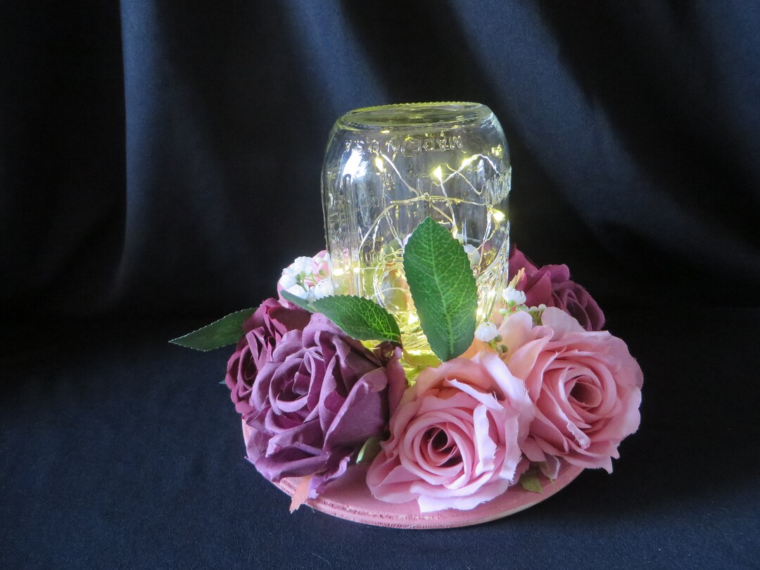 Ready to Ship! Pint Mason Jar Centerpiece - Dusty Pink and Maroon Roses ...