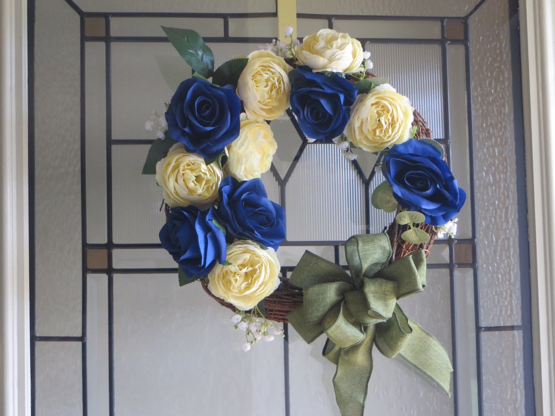 Cobalt Blue Roses and Pale Yellow Peonies and Pretty Green Ribbon 15 ...