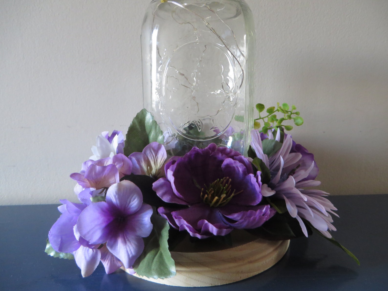 Purple Flower Centerpiece Mason Jar With LED Lights and Lovely Purple ...
