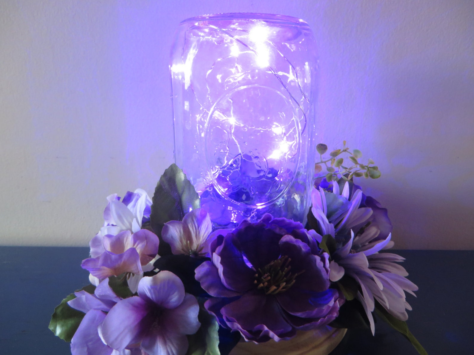 Purple Flower Centerpiece Mason Jar With LED Lights and Lovely Purple ...