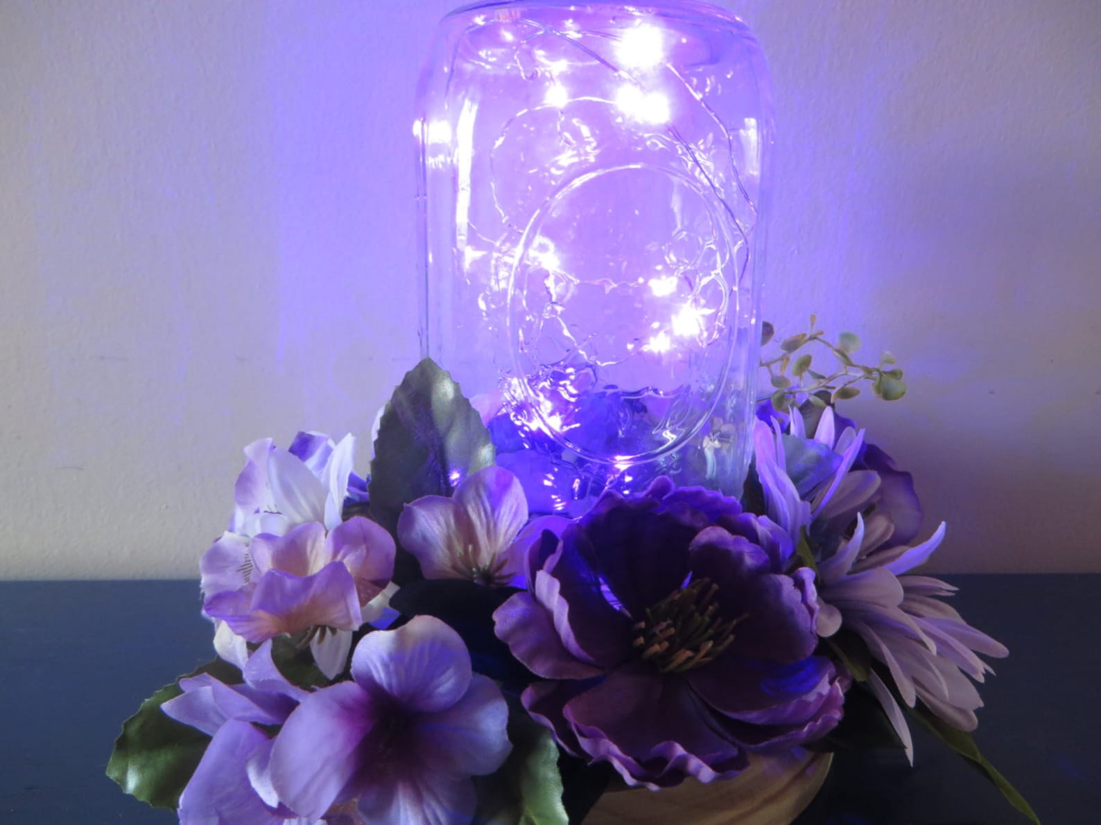 Purple Flower Centerpiece Mason Jar With LED Lights and Lovely Purple ...