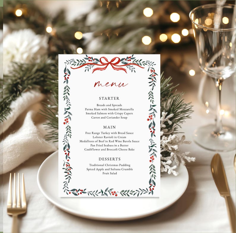 Christmas 2025 Menu Card Watercolor Red Bow Ribbon, Holly Berry; 5x7 ...