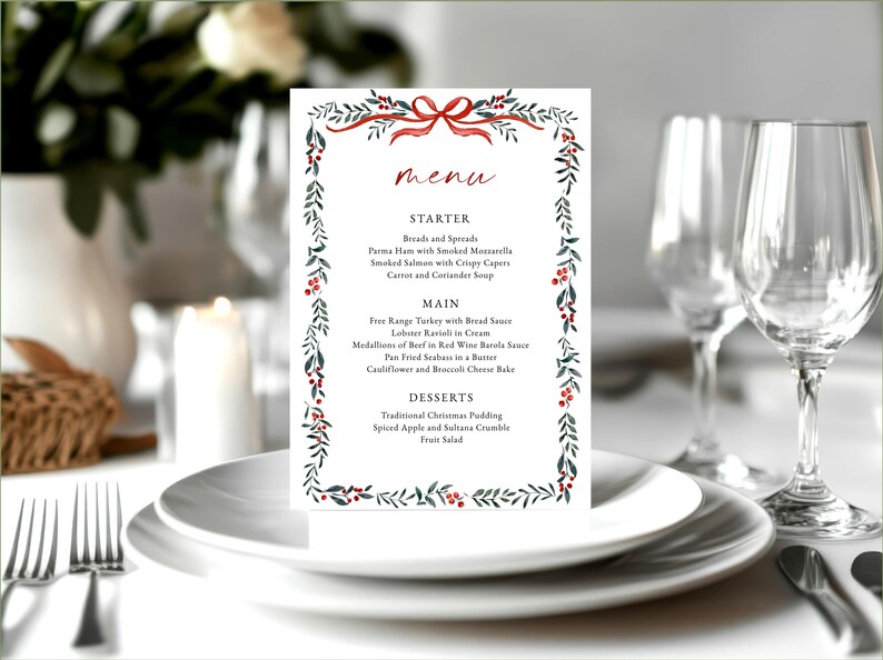 Christmas 2025 Menu Card Watercolor Red Bow Ribbon, Holly Berry; 5x7 ...