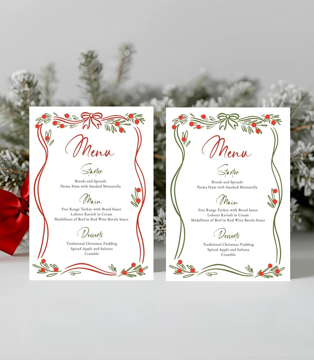 Christmas Menu Card With Watercolor Red Bow, Greenery, Holly Berry; 5x7 ...