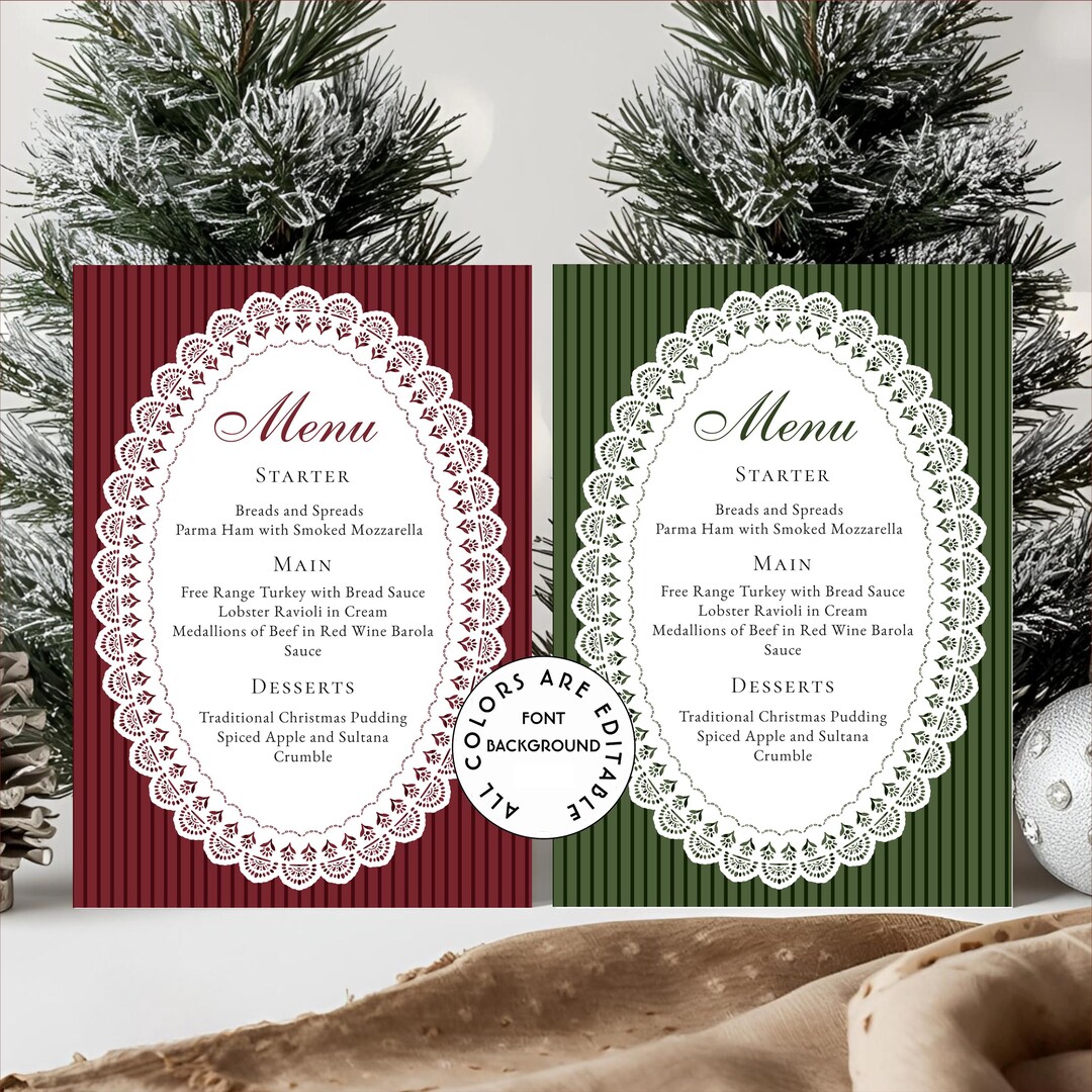 Christmas Menu Card in Red and Green With Classic White Lace Frame; 5x7 ...