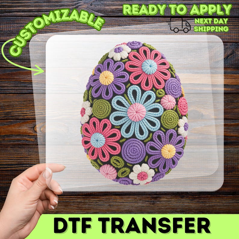 Faux Yarn Easter Egg DTF Transfer, Crochet Look Floral Design, Latch ...