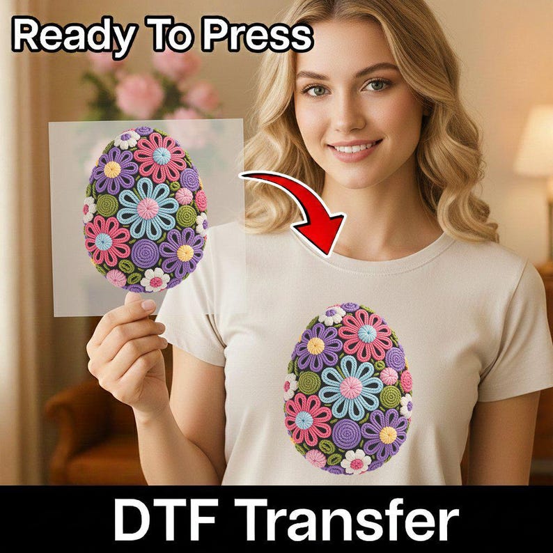 Faux Yarn Easter Egg DTF Transfer, Crochet Look Floral Design, Latch ...