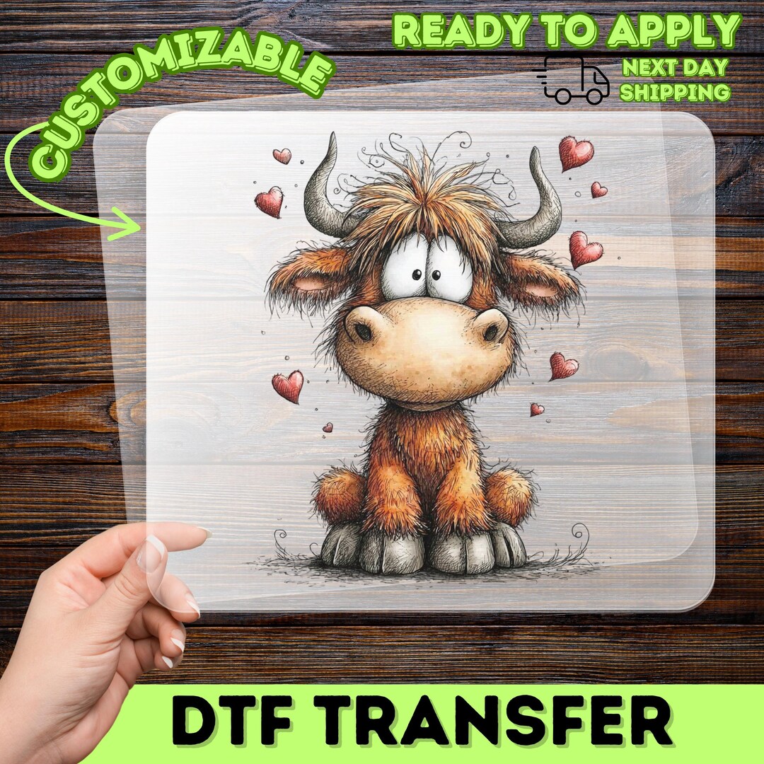 Cute Cartoon Highland Cow With Hearts DTF Transfer, Valentine Animal ...