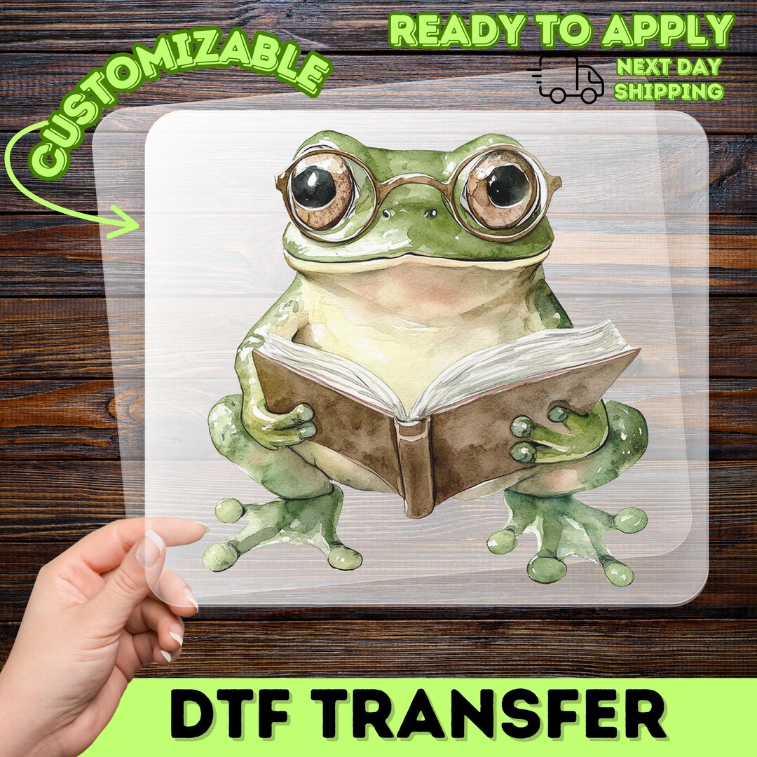 Watercolor Frog Reading Book Design, Quirky Book Lover DTF Transfer ...