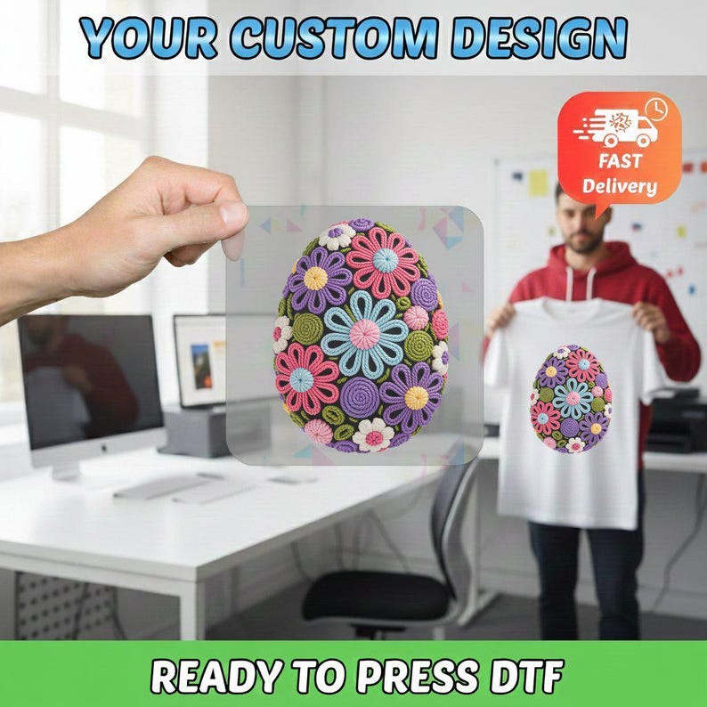 Faux Yarn Easter Egg DTF Transfer, Crochet Look Floral Design, Latch ...