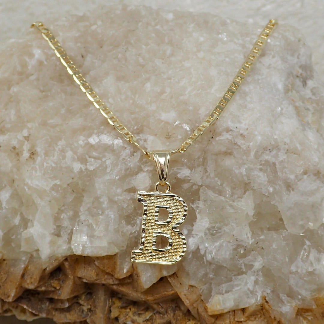 B Initial Necklace With Diamond Cut Pendant 18" Chain 18k Gold Plated ...