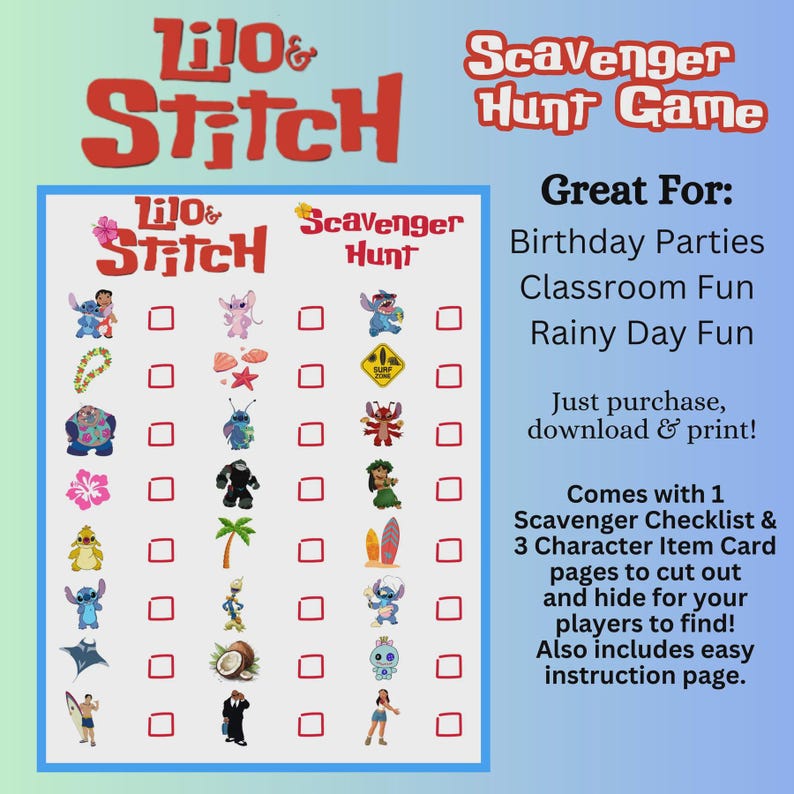 Stitch Printable Scavenger Hunt, Stitch Lilo Party Game, Stitch ...