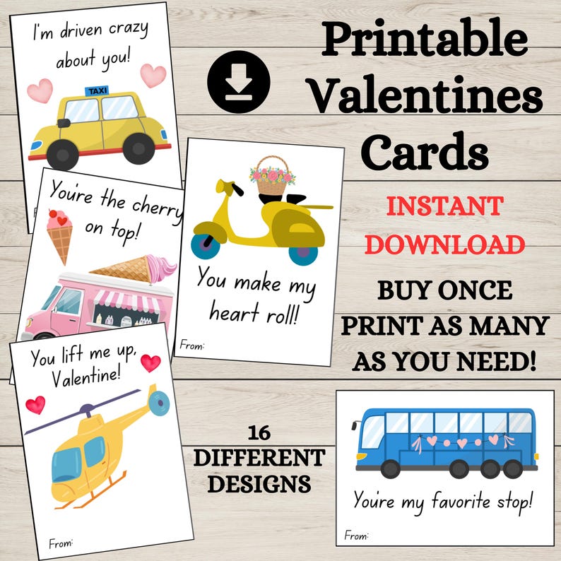 Printable Kids Vehicle Valentines Day Cards, Transportation Valentines ...