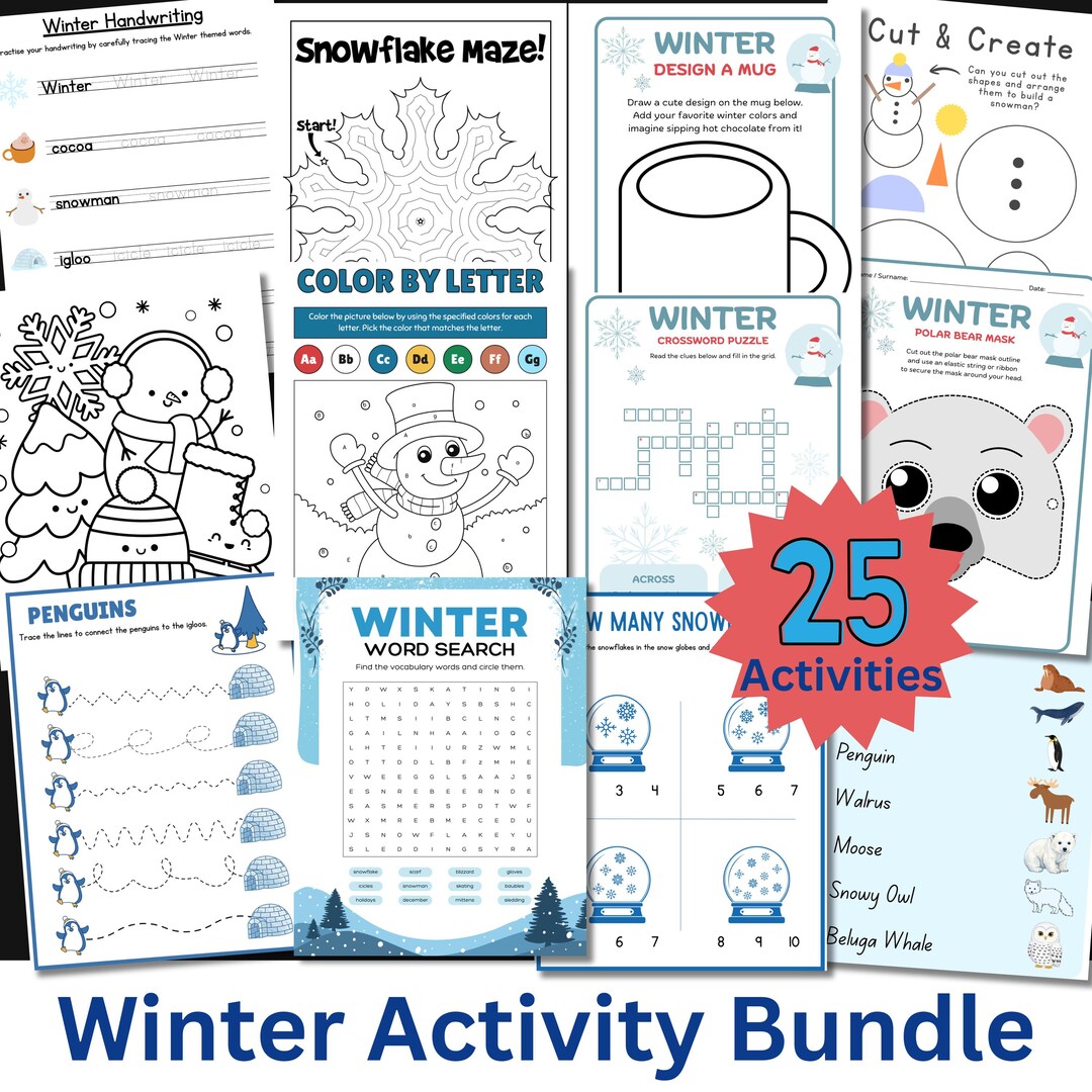 Winter Activity Pack, 25 Page Snow Day Buster Bundle, Winter Coloring ...