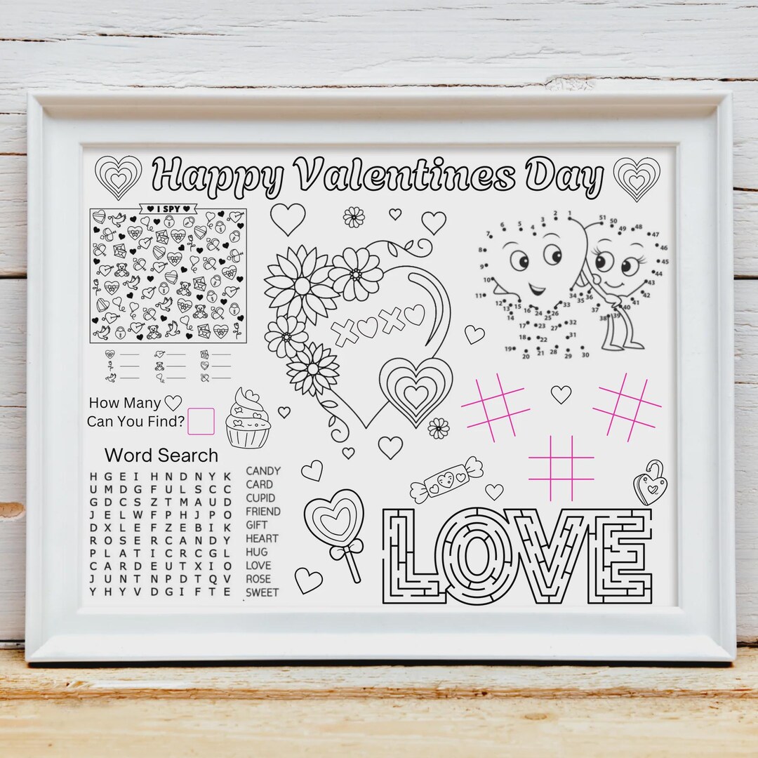 Valentines Day Activity Placemat, Valentines Games, Happy Valentines ...