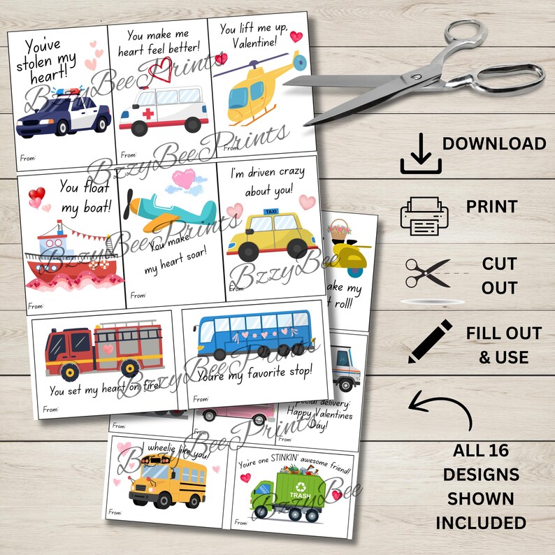 Printable Kids Vehicle Valentines Day Cards, Transportation Valentines ...