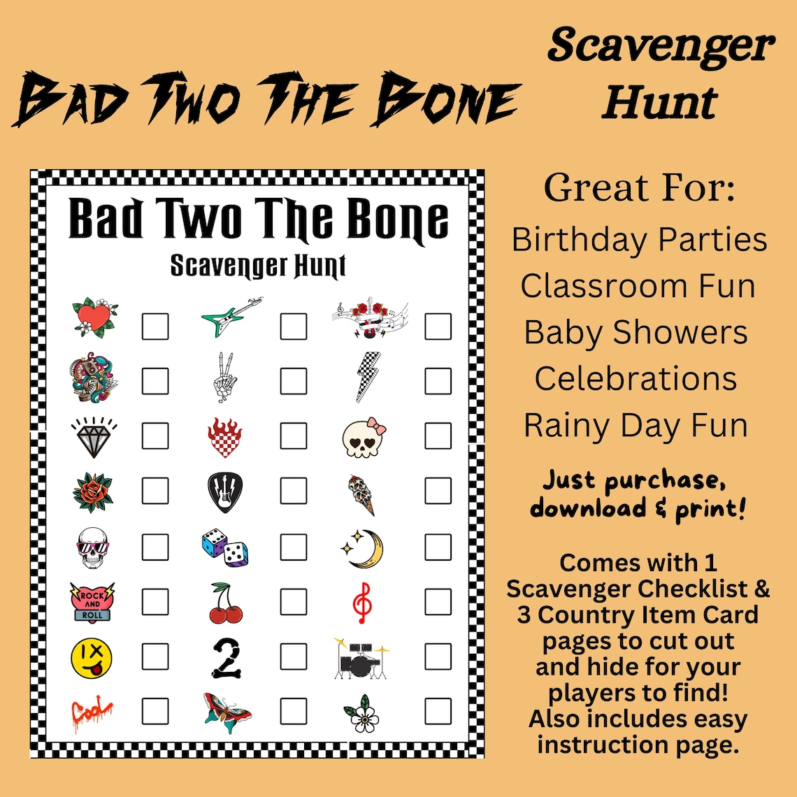 Bad Two the Bone Scavenger Hunt, Bad Two the Bone Party Game, Tattoo ...